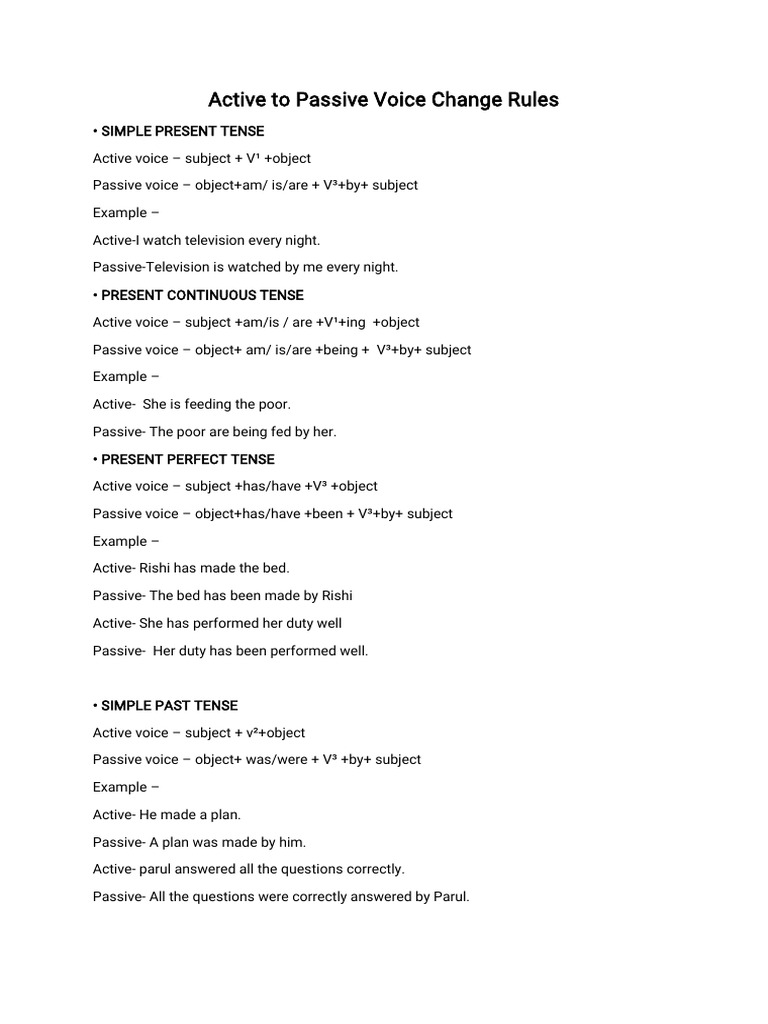 Active To Passive Voice Change Rules | PDF | Grammatical Tense | Verb