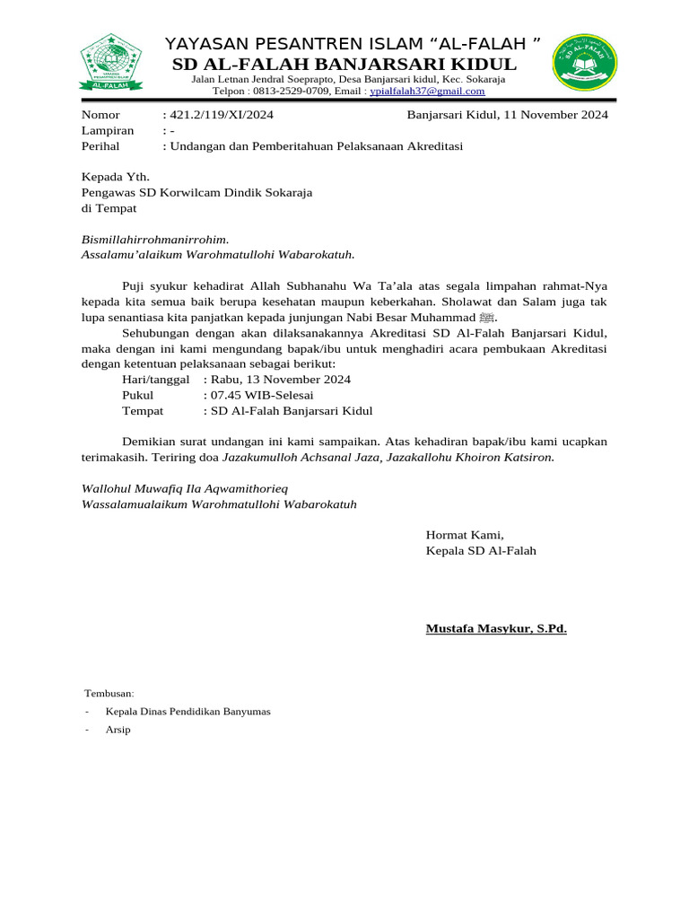 Surat Undangan Pengawas SD Akreditasi | PDF