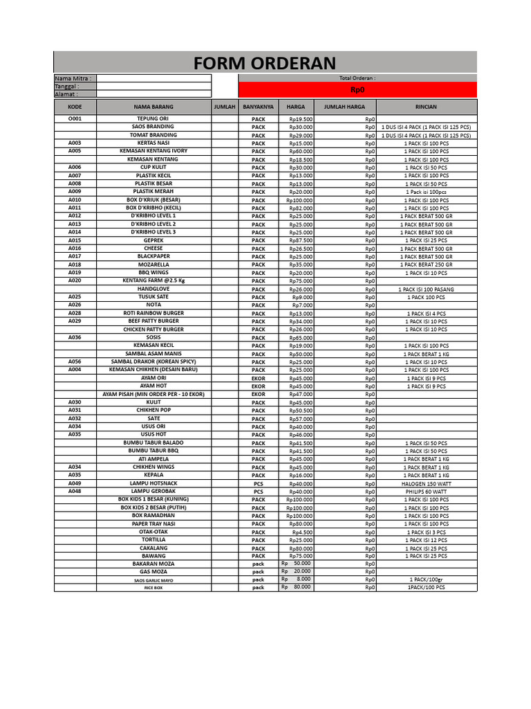 Form Orderan Mitra Barang Pack | PDF | Indonesian Cuisine | Southeast Asian Cuisine