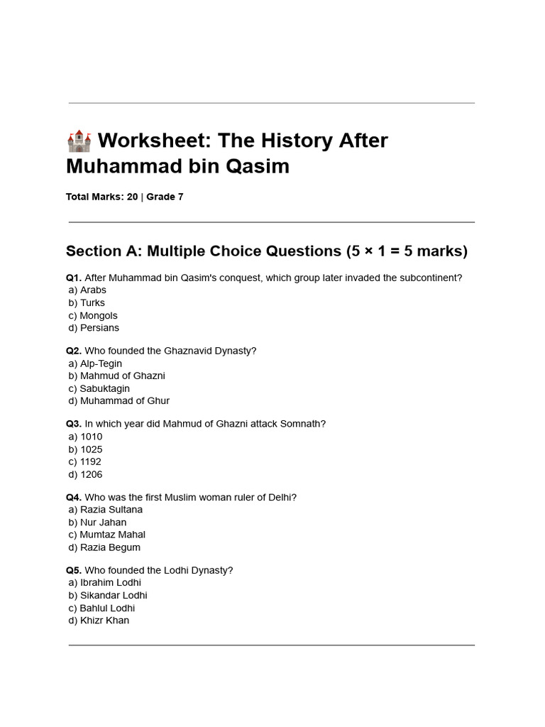 Worksheet - The History After Muhammad Bin Qasim | PDF