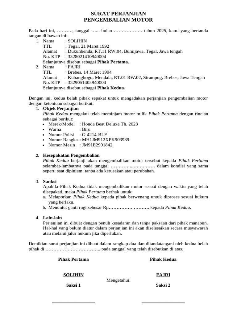 Surat Perjanjian Pengembalian Motor | PDF