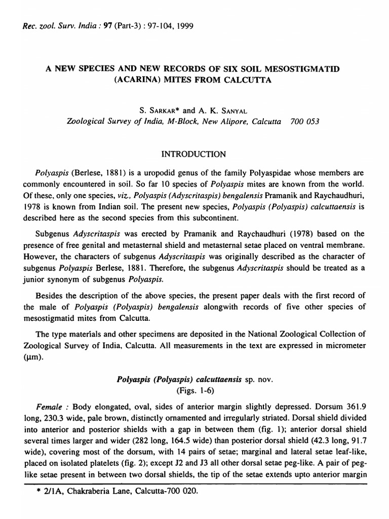 1999 News Species Soil Mesostigmata-Polyaspidae | PDF | Anatomical ...