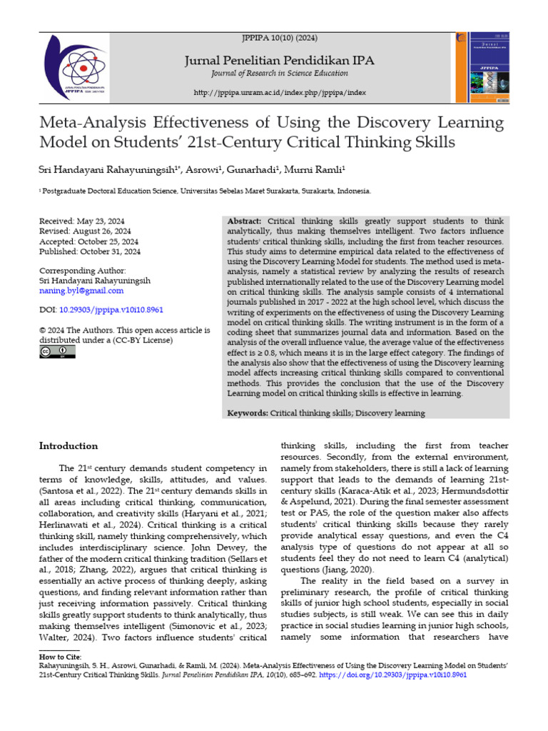 Meta-Analysis Effectiveness of Using The Discovery Learning | PDF ...
