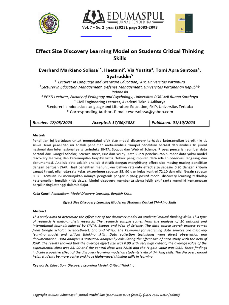 Effect Size Discovery Learning Model On Students Critical Thinking ...