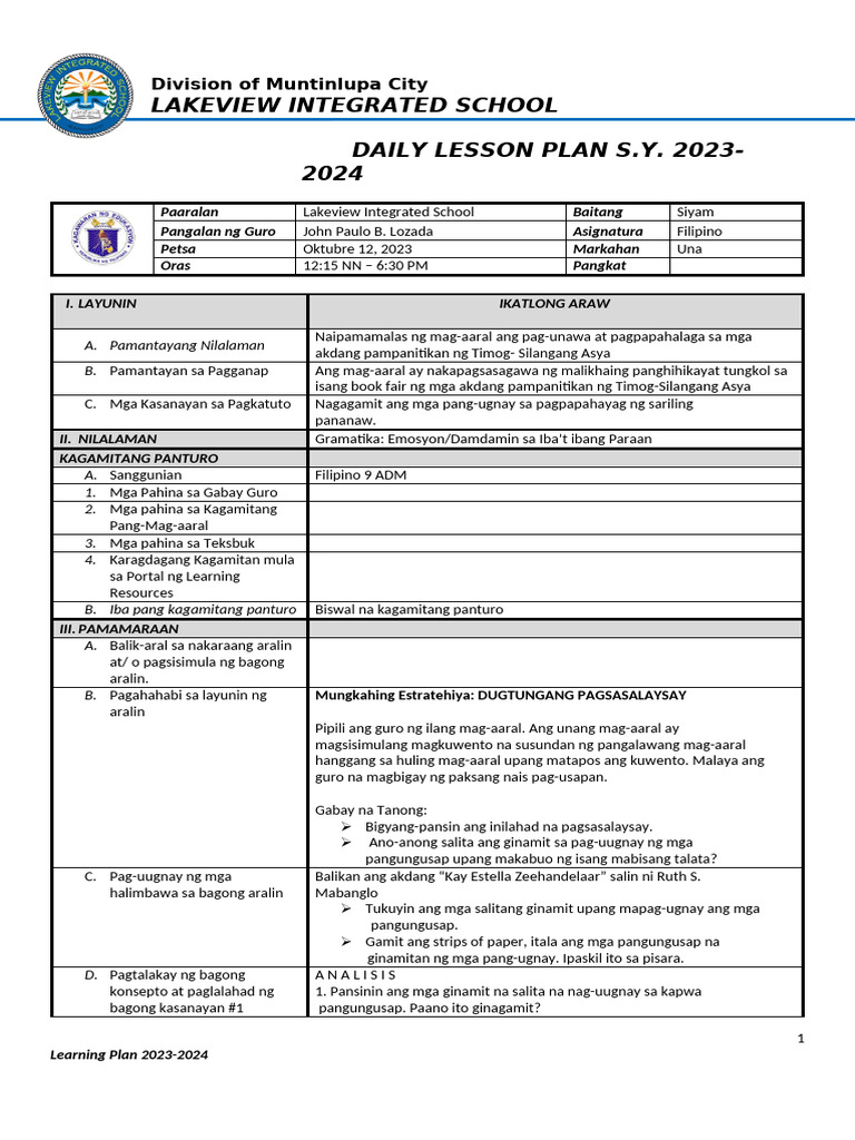 Lakeview Integrated School Daily Lesson Plan S.Y. 2023-2024 | PDF