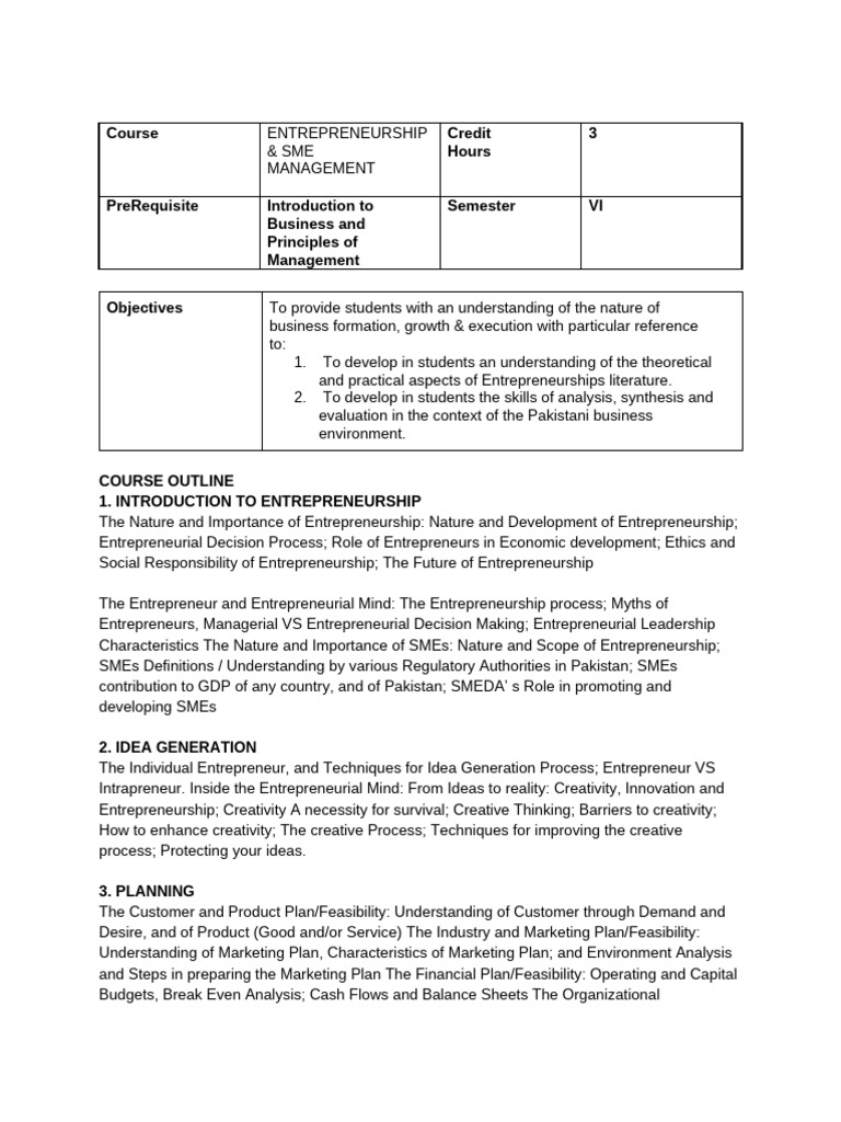 ENTREPRENEURSHIP & SME MANAGEMENT - Course Outline | PDF ...