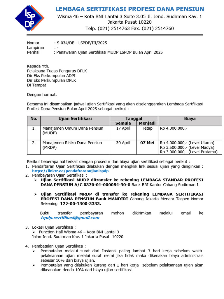 S-034 Penawaran Ujian Sertifikasi LSPDP Bulan April 2025 | PDF