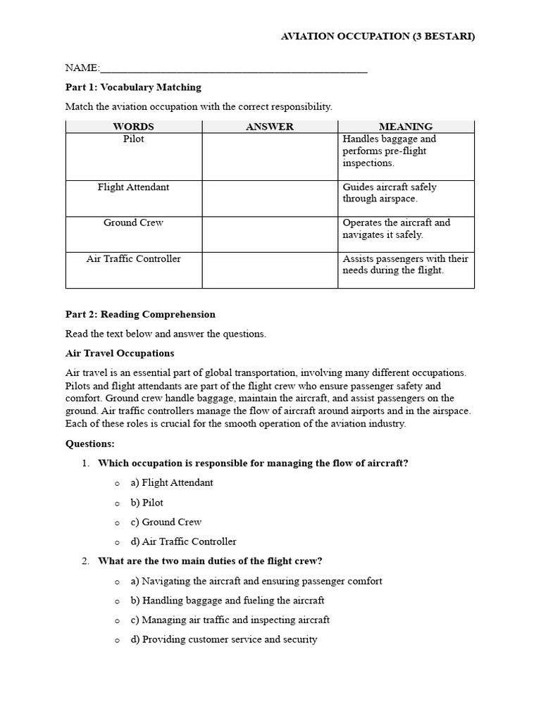 Aviation Occupation Reading Worksheet | PDF | Air Traffic Control ...