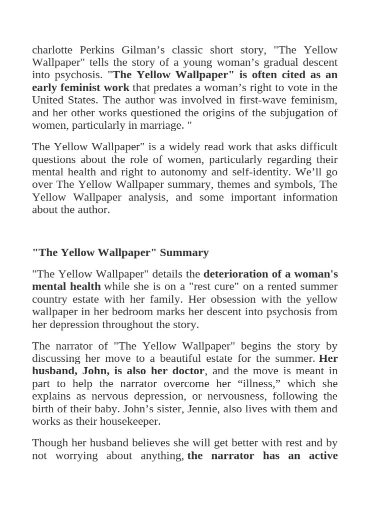 Analysis of "The Yellow Wallpaper" | PDF | The Yellow Wallpaper ...
