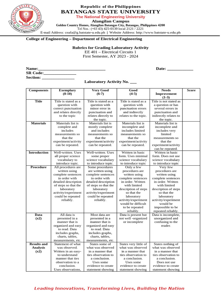 RUBRICS-FOR-GRADING-LABORATORY-ACTIVITIES | PDF | Experiment | Science