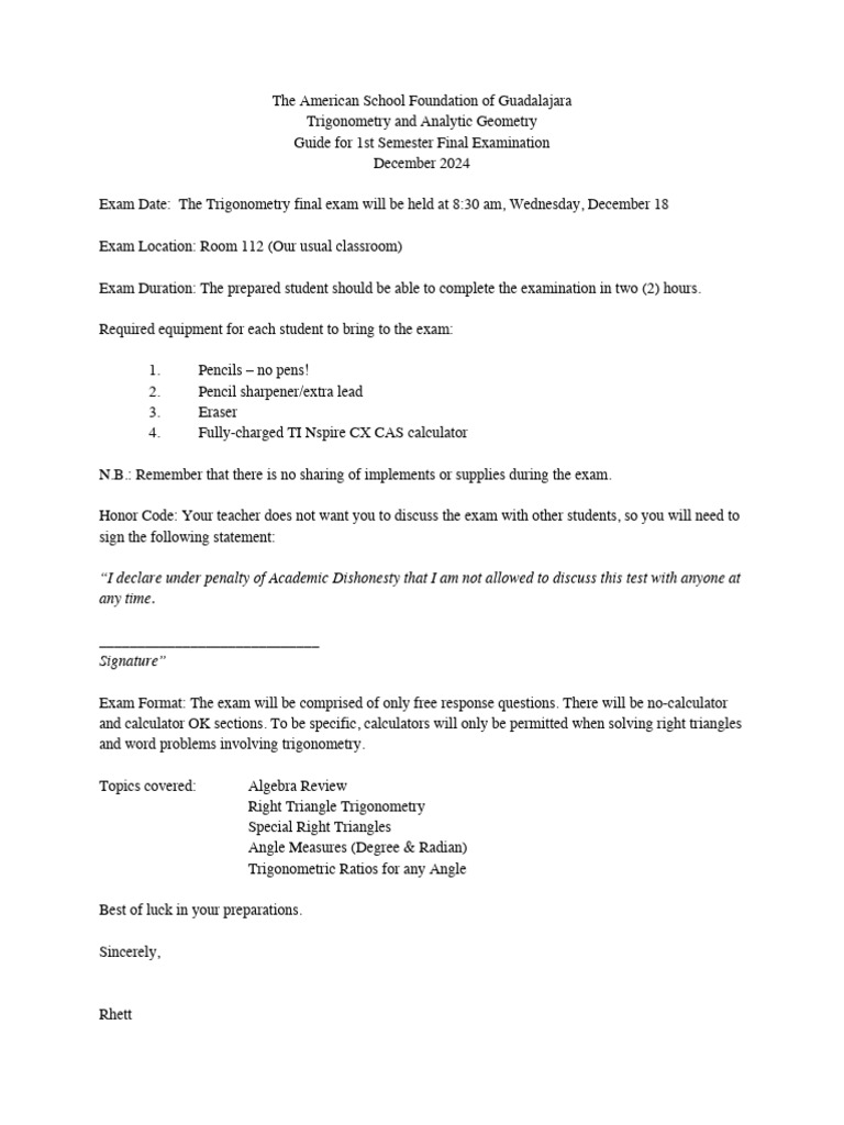 1st Semester Exam Study Guide | PDF | Trigonometry | Elementary Geometry