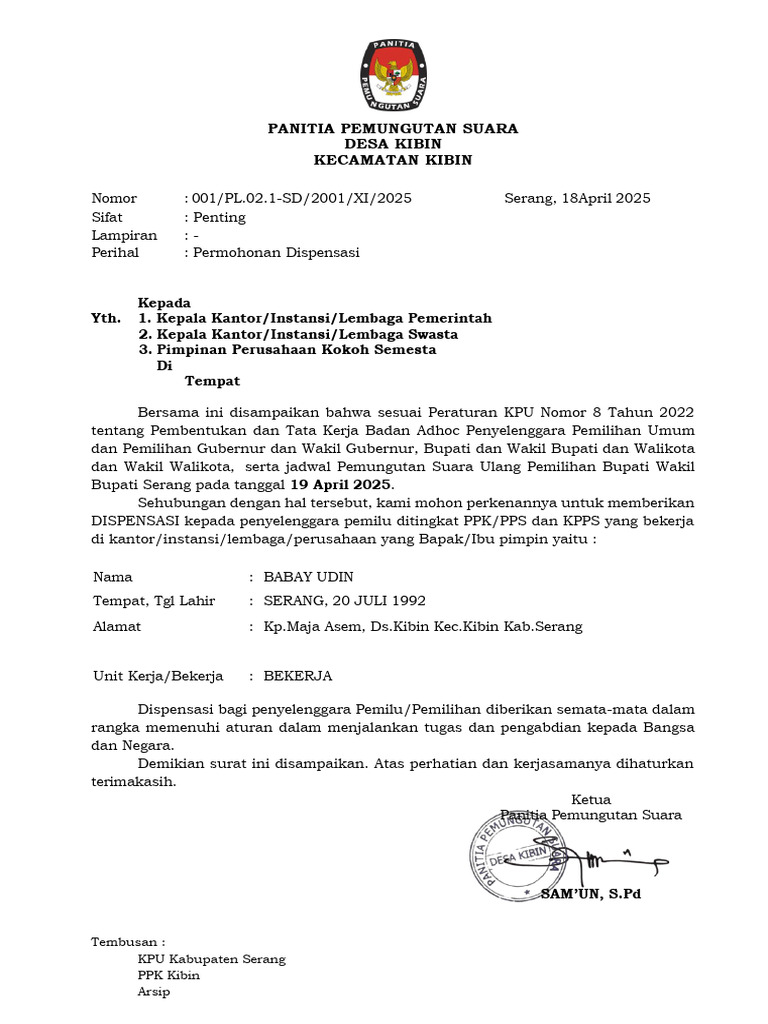 Surat Dispensasi Babay Udin | PDF