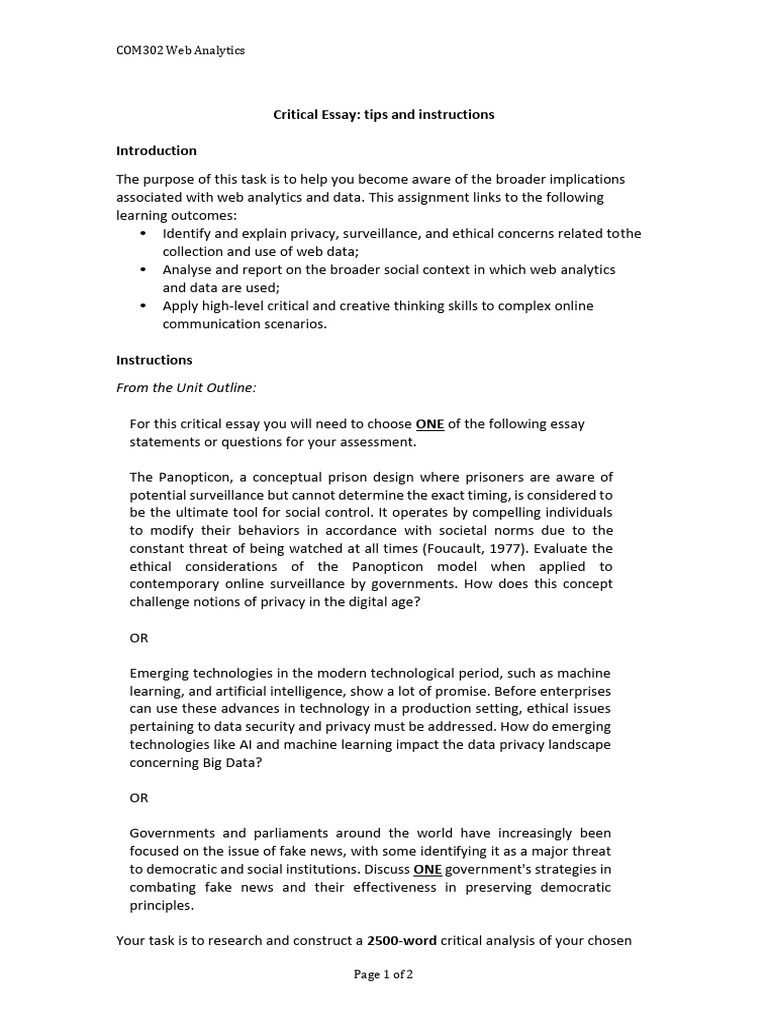 COM302 Critical Essay Instructions and Tips | PDF | Privacy | Artificial Intelligence
