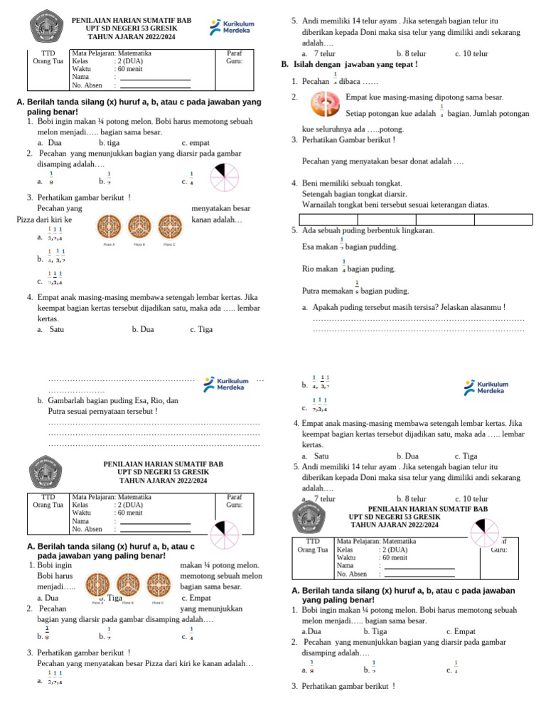 Sumatif Harian MTK Bab Pecahan Kls 2 | PDF