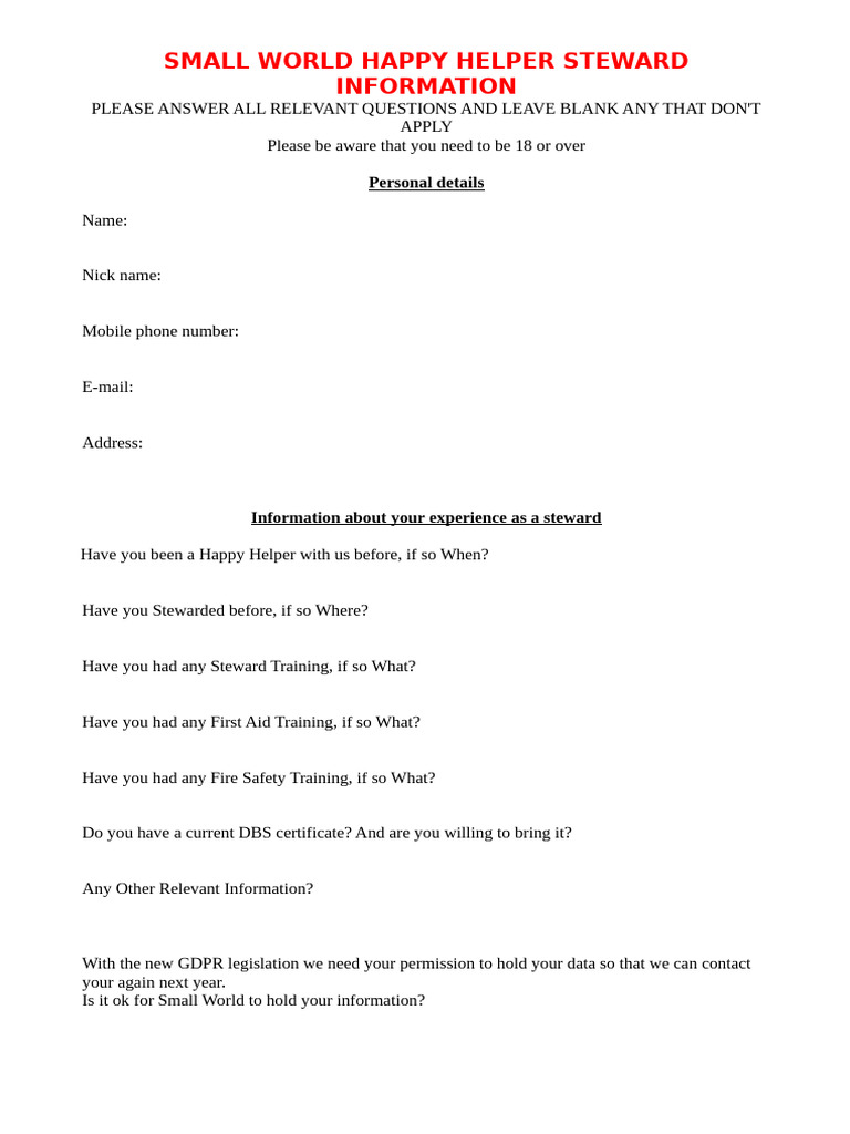 Steward Application Form for Happy Helper | PDF