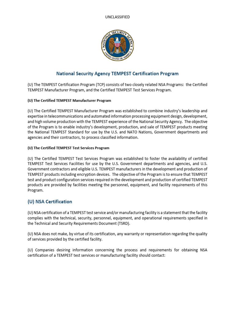 National Security Agency TEMPEST Certification Program | PDF | National ...