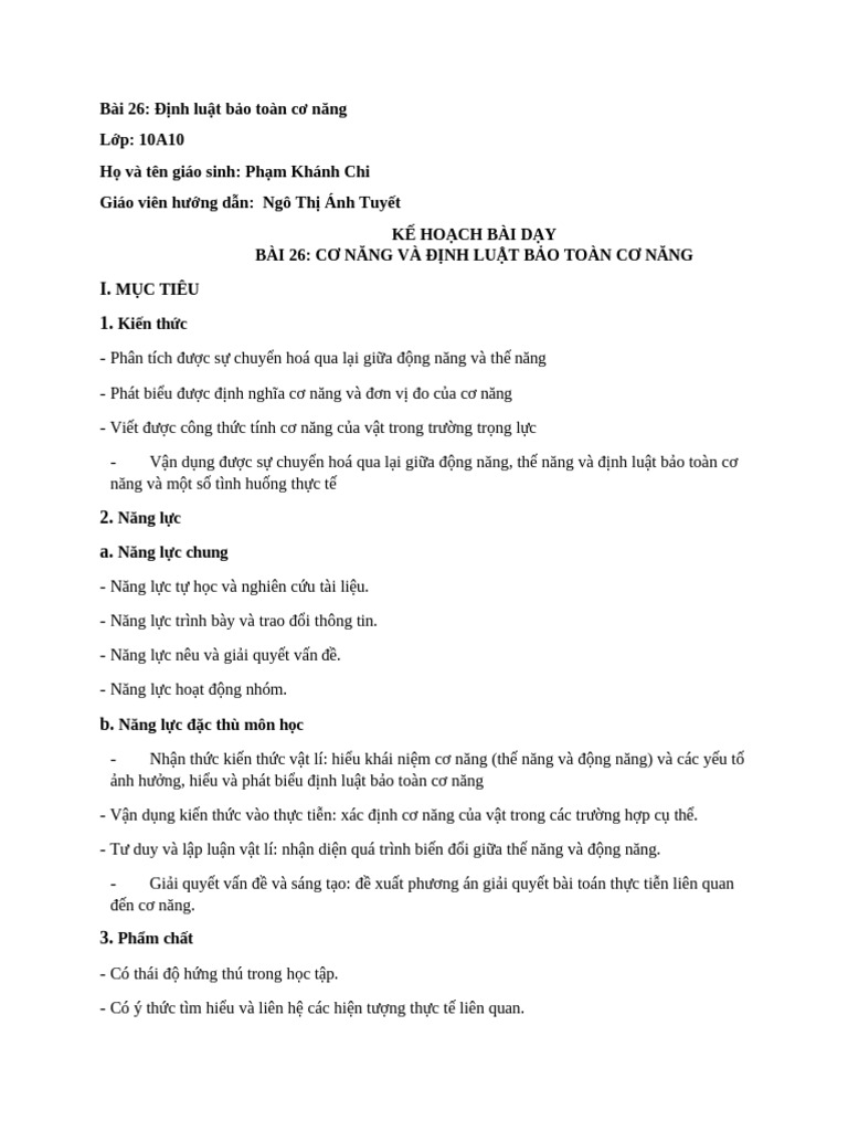 KHBD ĐỊNH LUẬT BẢO TOÀN CƠ NĂNG LT | PDF