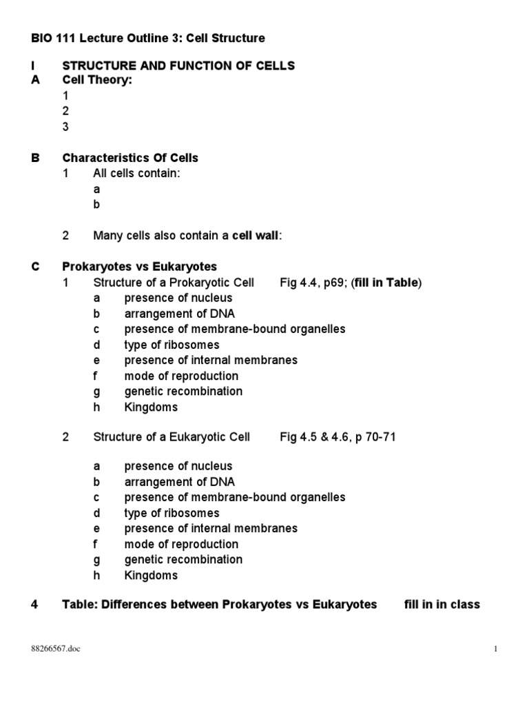 BIO 111 Lecture Outline 3: Cell Structure I Structure and Function of ...