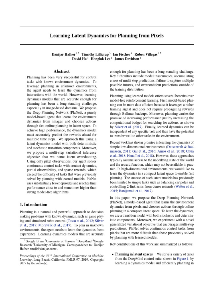 Learning Latent Dynamics For Planning From Pixels | PDF