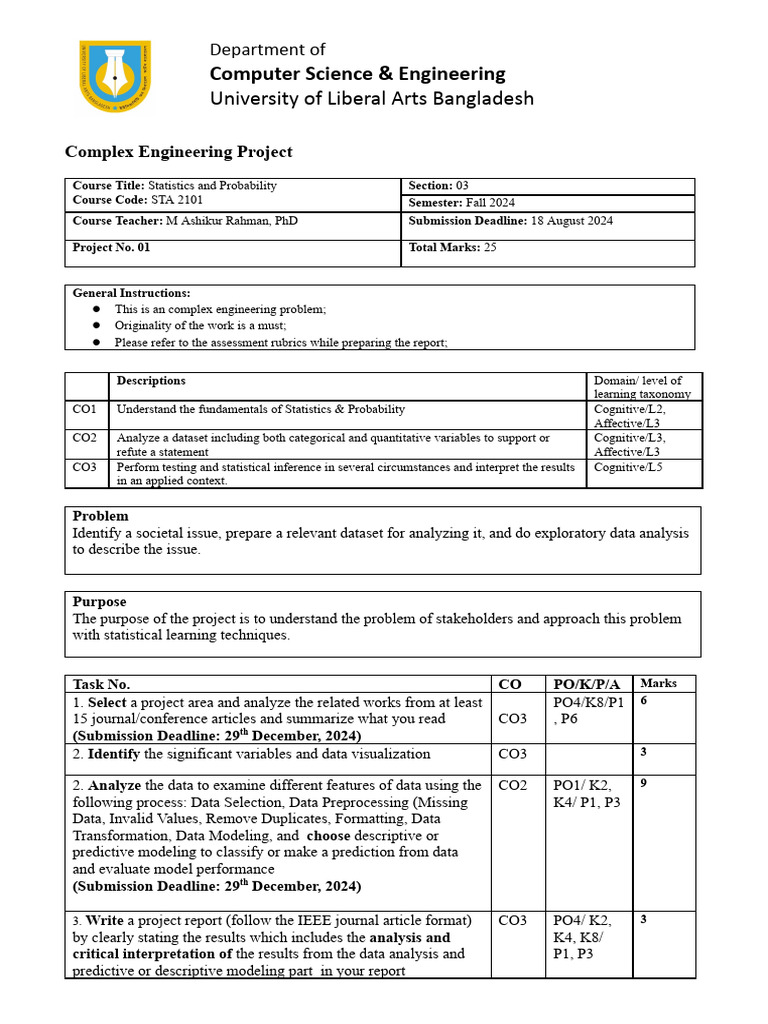 PROJECT TASKS Fall-2024 | PDF | Data Analysis | Statistics