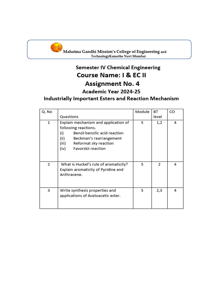 I & EC II - Assignment No 4 - Industrially Important Esters and Name Reactions | PDF