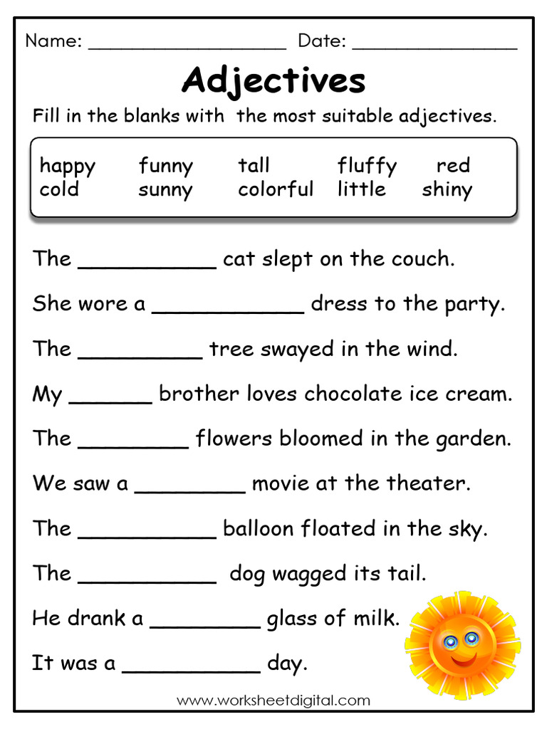 Adjectives Fill-in-the-Blank Worksheet | PDF