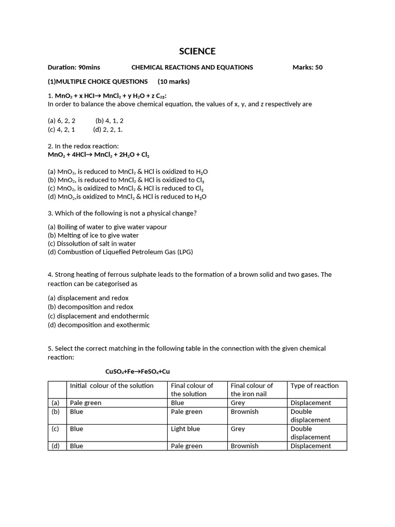 Multiple Choice Questions | PDF | Oxide | Chemical Reactions