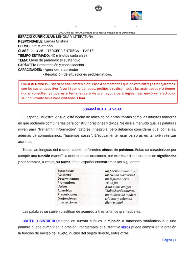 Clases de Palabras. El Sustantivo | PDF | Género gramatical | Sustantivo