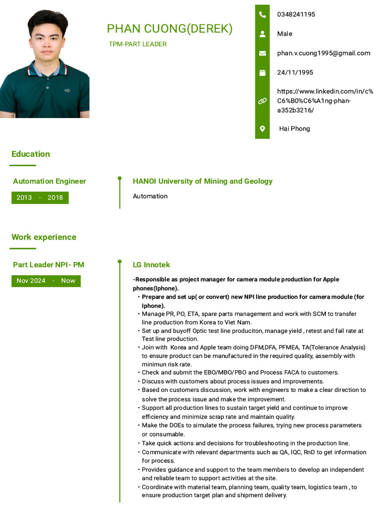 CV Phan Cuong (Derek) TPM | PDF | Welding | Construction