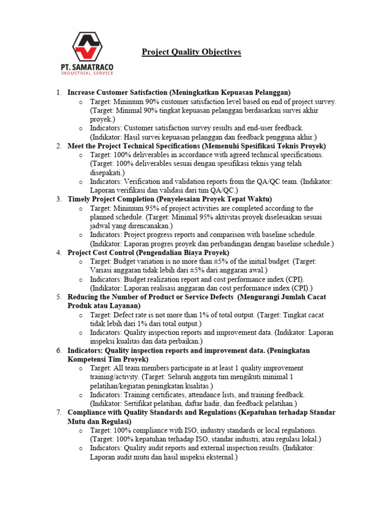 Project Quality Objectives | PDF | Quality | Business