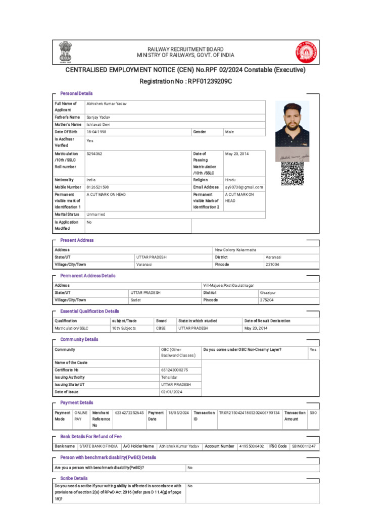 Rrbapply.gov.in # Pscexamservice Candidate View Application Id=a5dc33dc ...