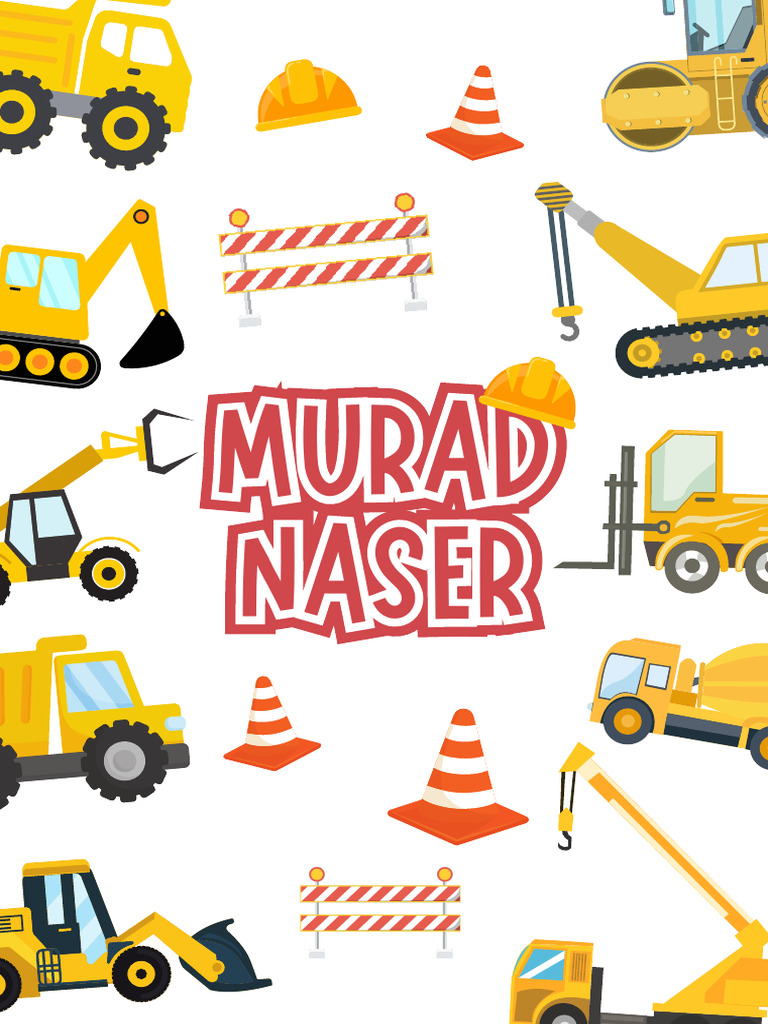 Yellow Red Cute Construction Vehicles Illustration Notebook Cover A4 ...
