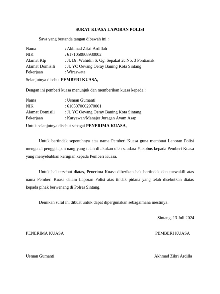 Surat Kuasa Laporan Polisi Akhmad Zikri | PDF