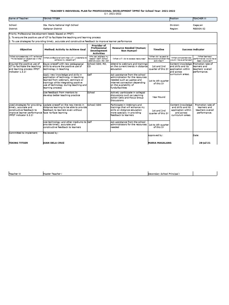 IPDP 2021 Individual Professional Development Plan | PDF | Teachers ...