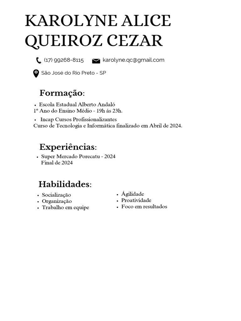 Currículo - Karolyne Alice Queiroz Cezar | PDF