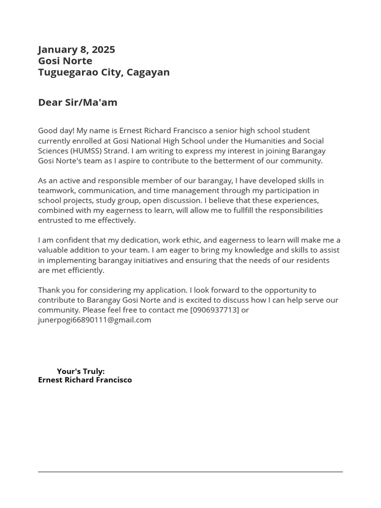 Application Letter example for work immersion in barangays | PDF