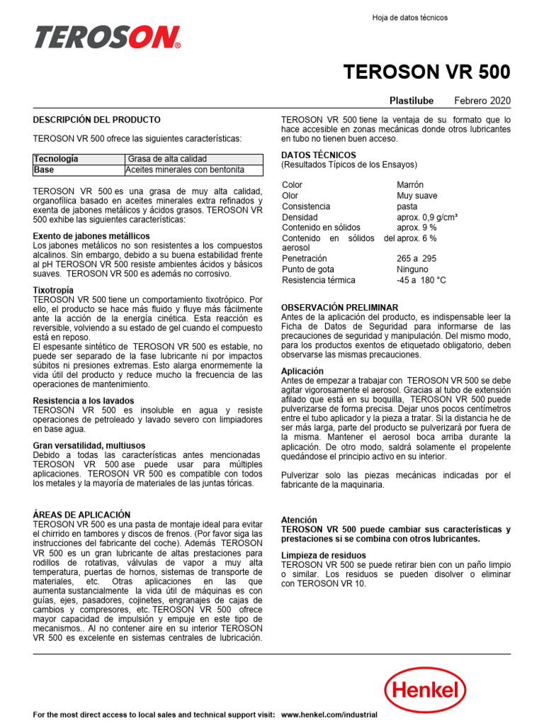 TEROSON VR 500 Es - ES | PDF | Jabón | Lubricante