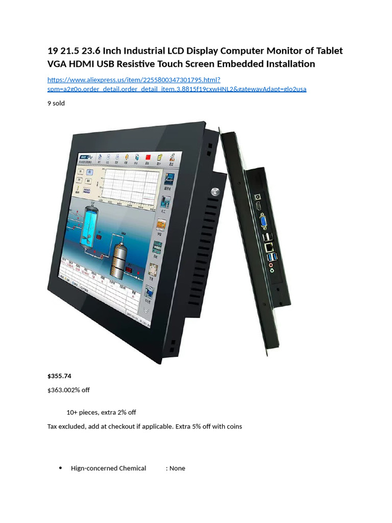 19 Inch Industrial LCD Display Computer Monitor of Tablet VGA HDMI USB Resistive Touch Screen ...