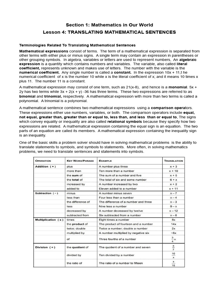 translating mathematical sentences_23Feb 2025 | PDF | Variable (Mathematics) | Inequality ...