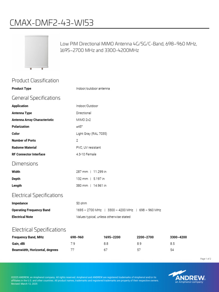 Low PIM MIMO Antenna Specifications | PDF | Antenna (Radio) | Electricity