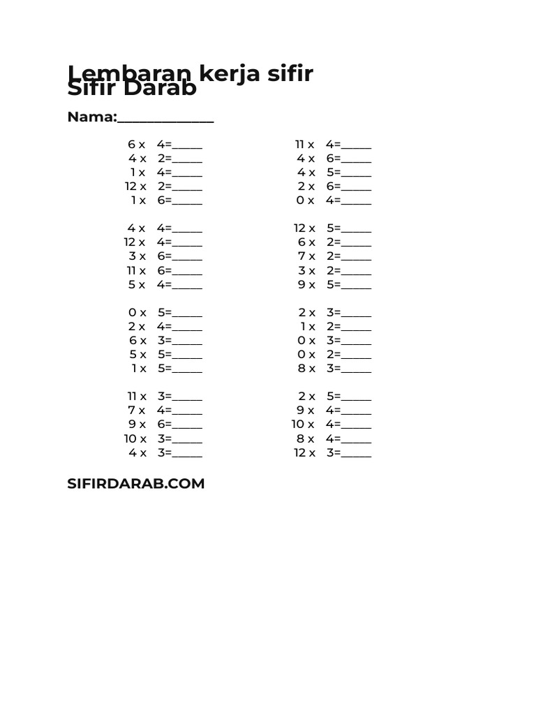 Lembaran Kerja Sifir Darab Boleh Cetak Lembaran Kerja Matematik Pdf