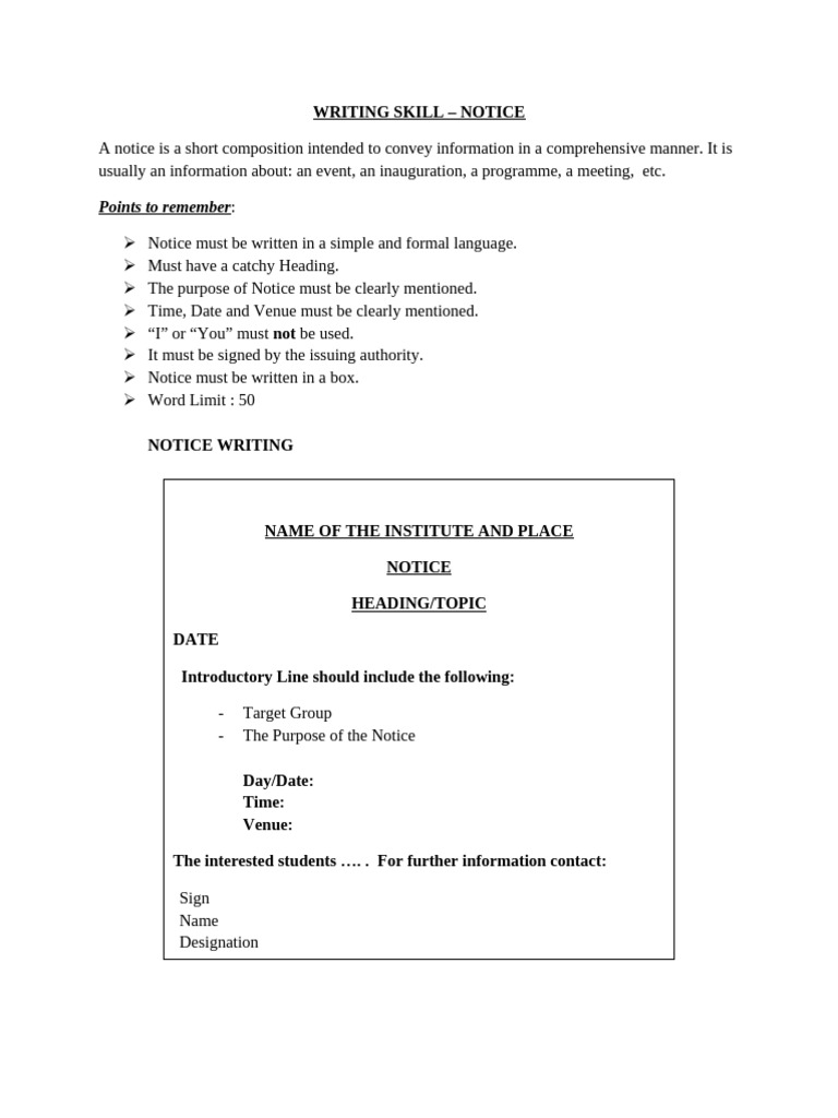 NOTICE WRITING - Sample & Questions | PDF