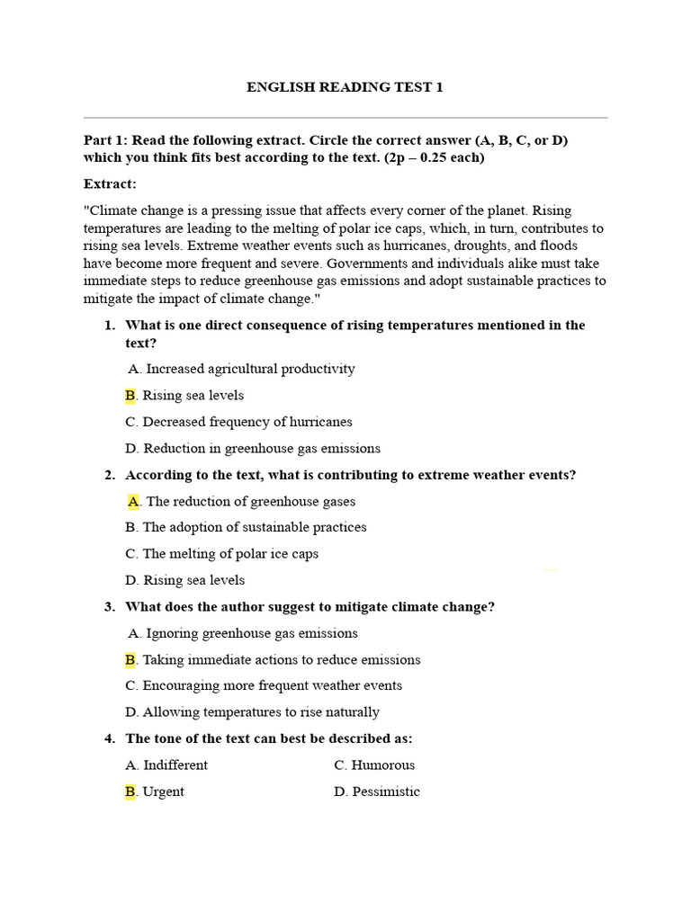 English Reading Test 1 | PDF
