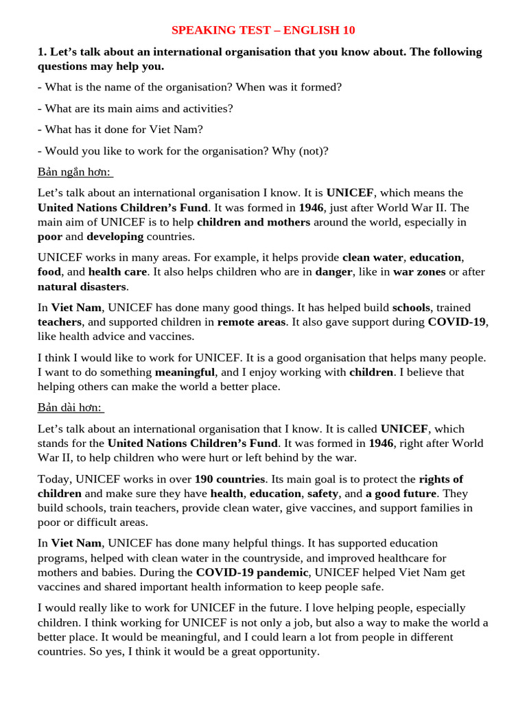 SPEAKING TEST 10. Term2 | PDF