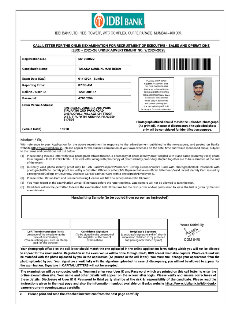 IDBI Bank Executive Exam Call Letter | PDF | Identity Document ...