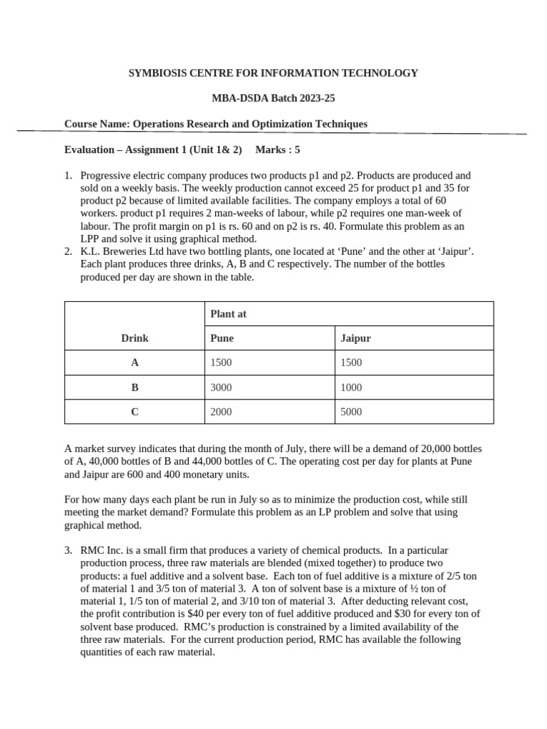Operations Research Assignment 2023-25 | PDF | Linear Programming | Economics
