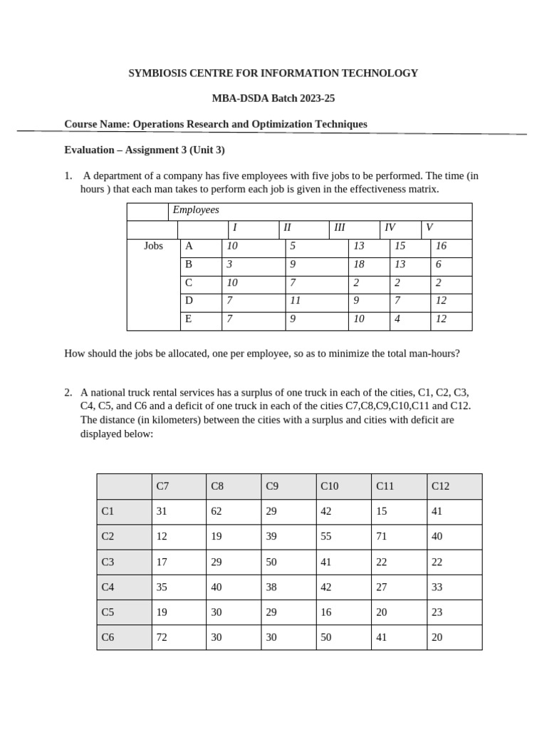 Assignment 3 - Assignment Problem | PDF