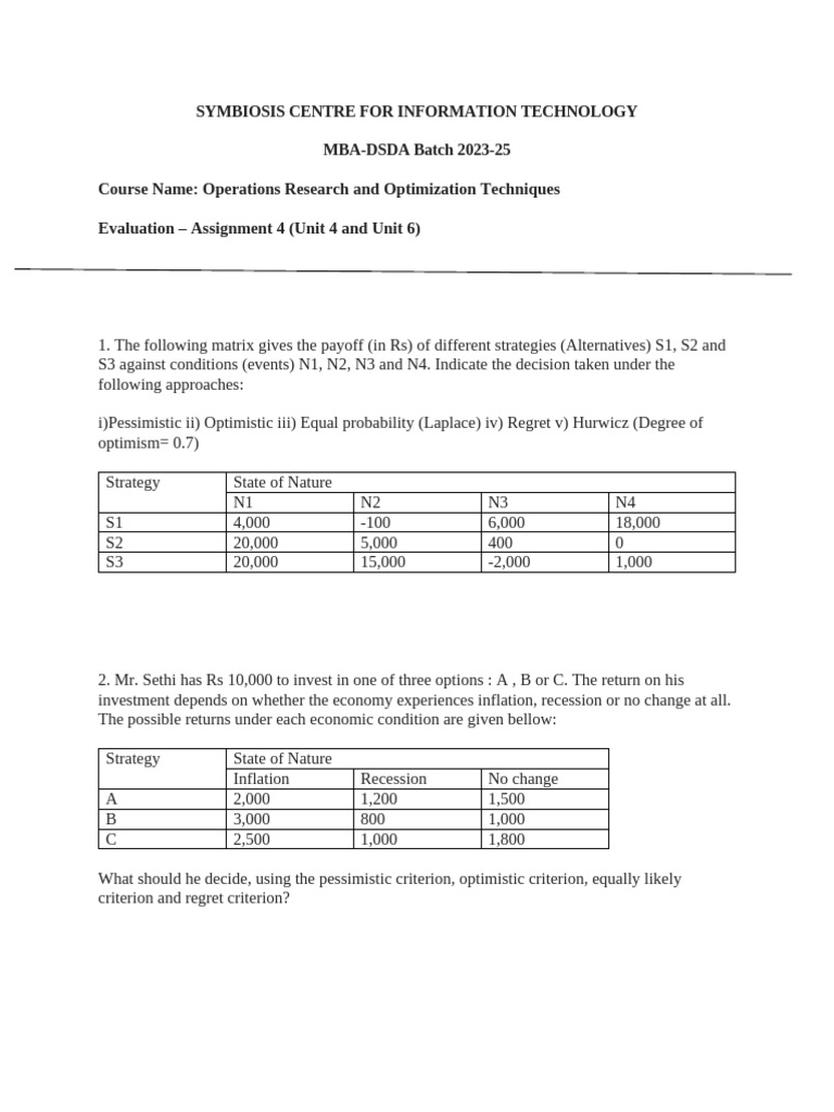 Assignment 4 - Decision Theory and PERT CPM | PDF | Applied Mathematics