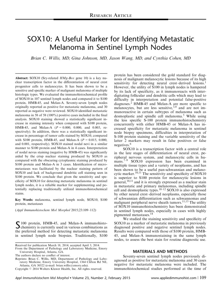 SOX10 A Useful Marker For Identifying Metastatic Melanoma in Sentinel ...