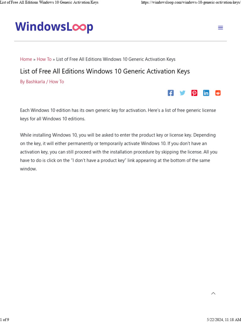 Free Windows 10 Generic Activation Keys | PDF | Windows 10 | Microsoft ...